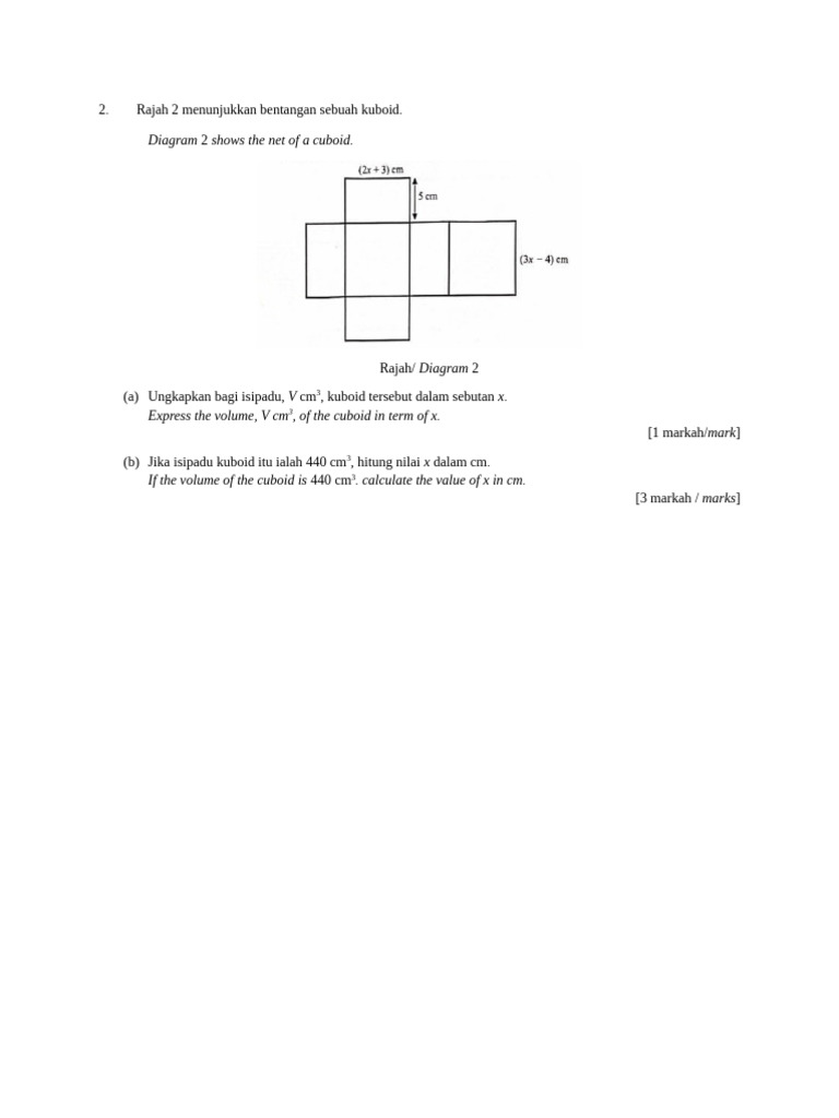 Diagram Shows The Net of A Cuboid.: 2. Rajah 2 Menunjukkan Bentangan ...