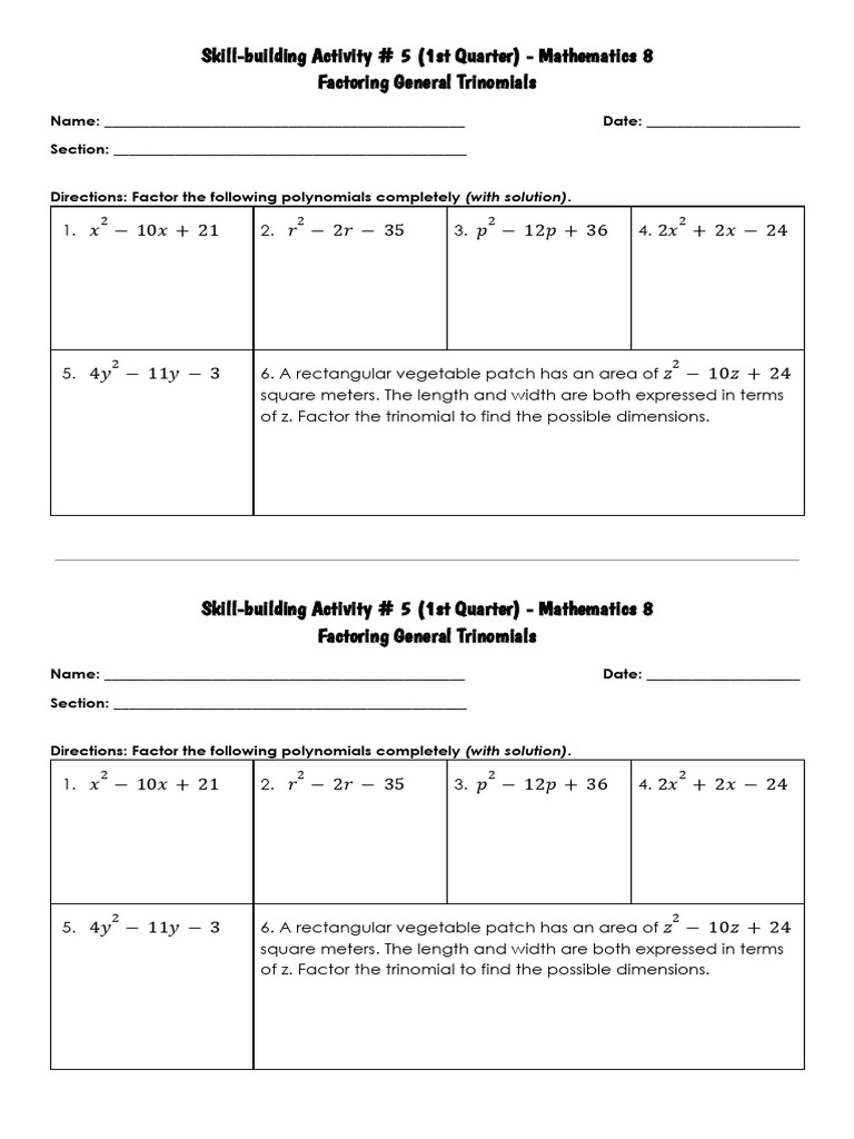 Factoring General Trinomials Activity | PDF