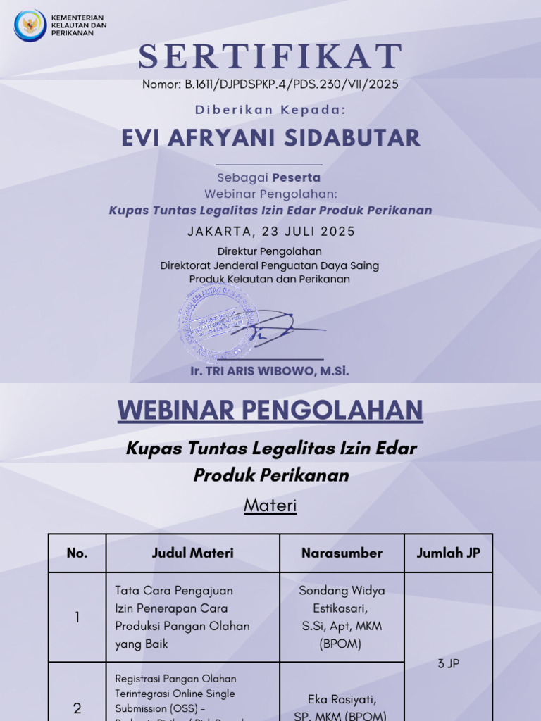 Evi Afryani Sidabutar - Sertifikat Webinar Izin Edar 2025 | PDF