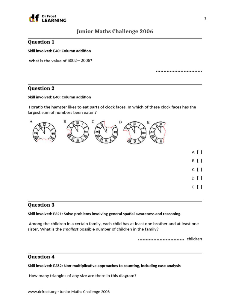 Junior Maths Challenge 2006 Questions | PDF | Ratio | Area
