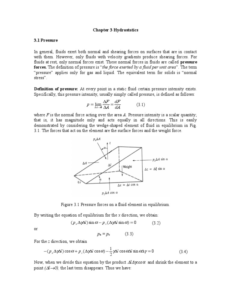 Chapter 3 Hydrostatics 3.1 Pressure: Da DF A F P | PDF | Buoyancy ...