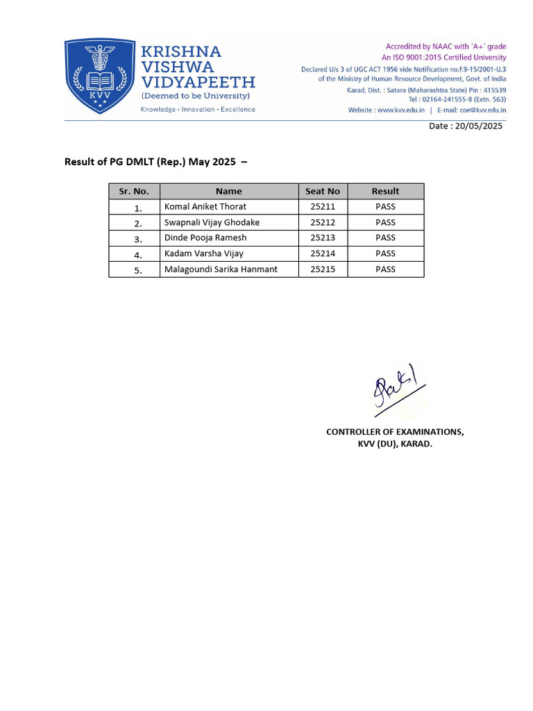 Net Result of PGDMLT Rep. May 2025 | PDF