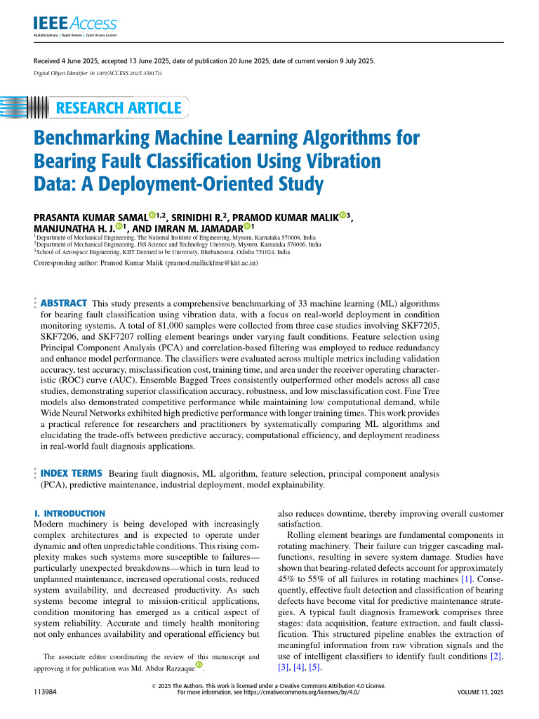 Benchmarking Machine Learning Algorithms For Bearing Fault Classification Using Vibration Data A ...