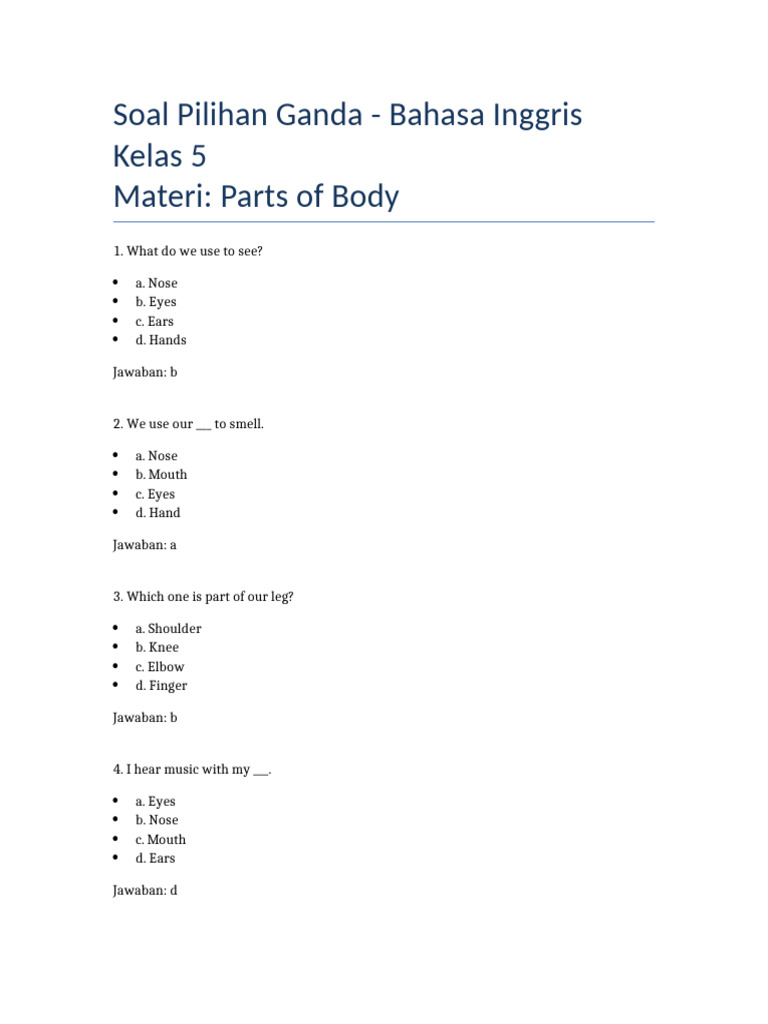 Soal Parts of Body Bahasa Inggris Kelas 5 | PDF