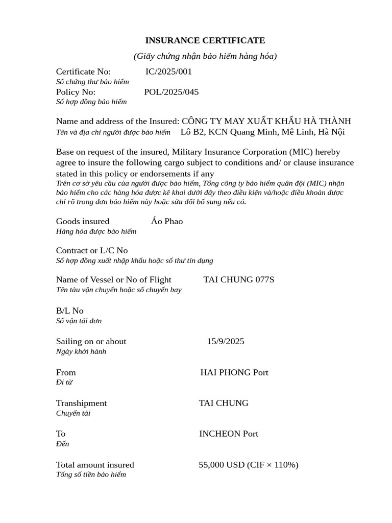 Insurance Certificate | PDF