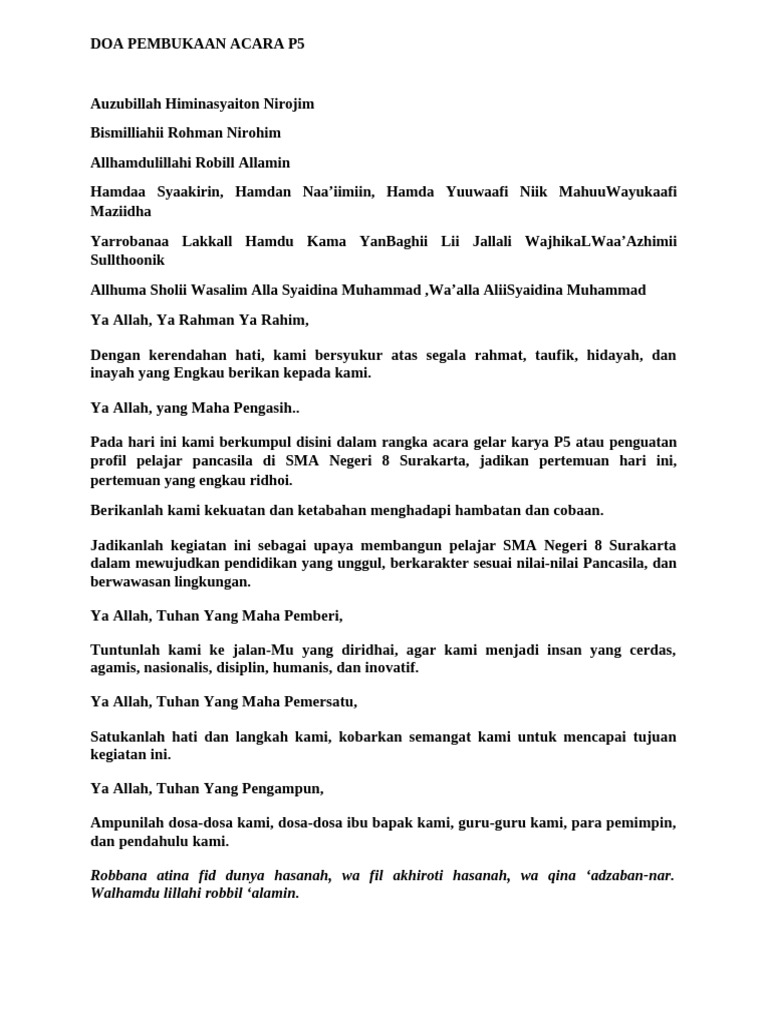 Doa Pembukaan Acara P5 SMA 8 Surakarta | PDF