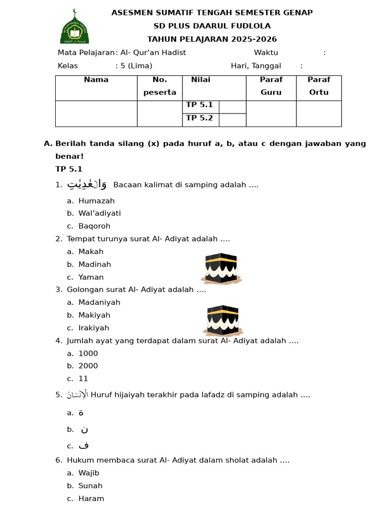 PTS 1 Qurdis Kelas 5 - Inklusi | PDF