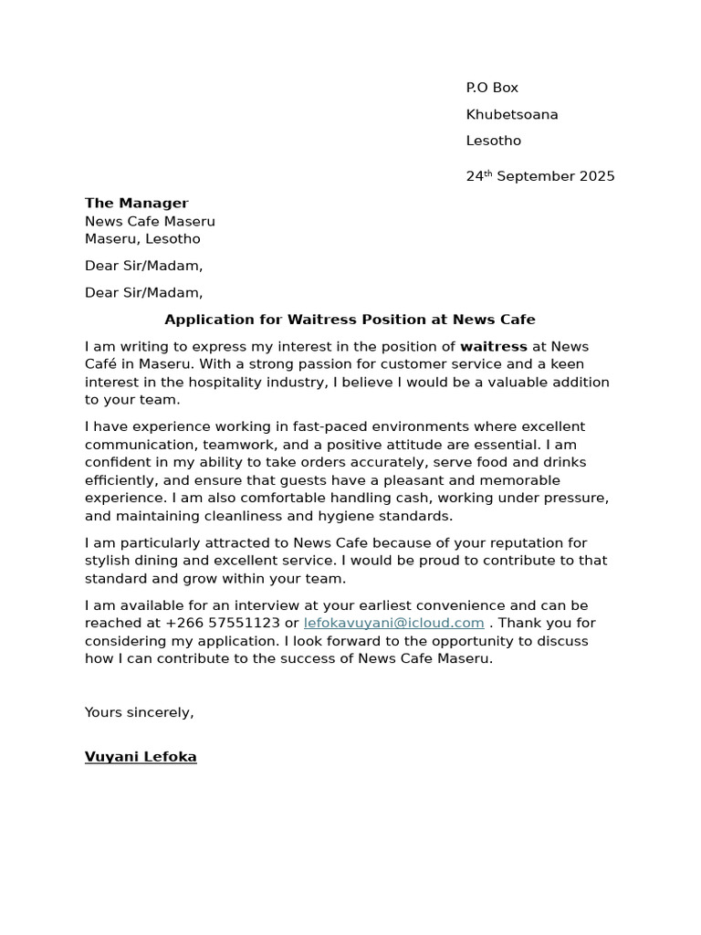 Cover Letter For Waitressing Position | PDF