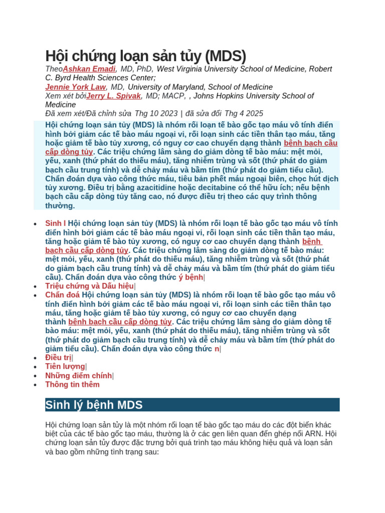 Hội chứng loạn sản tủy (MDS) : Sinh lý bệnh MDS | PDF