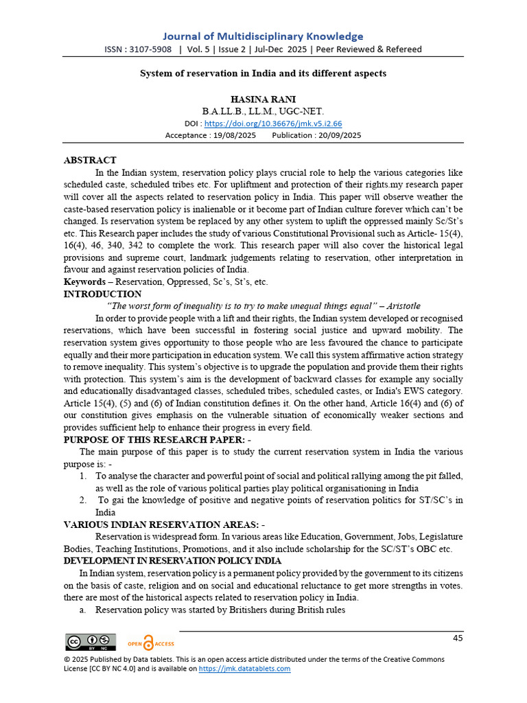 System of Reservation in India and Its Different A | PDF | Government ...