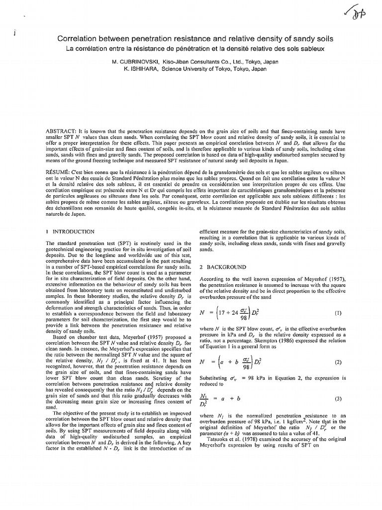 Cubrinovski and Ishihara (2001) Correlation Pen Resits and Rel Density ...