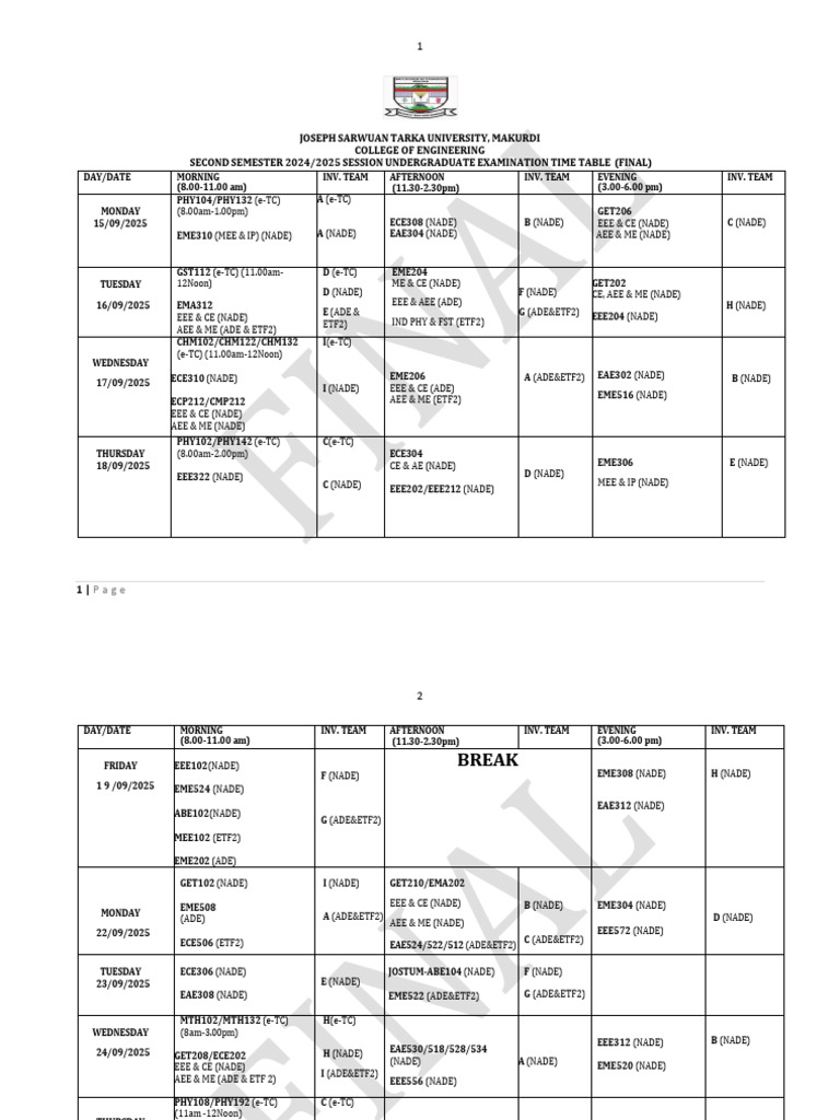 College of Engring SECOND SEMESTER 2024-2025 Examination Time Table ...