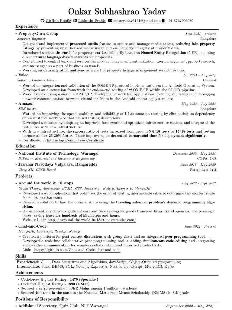 Onkar Yadav Resume Pdf Computer Engineering Computer Science