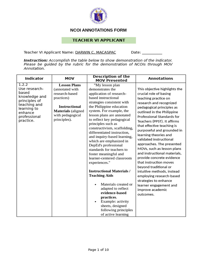 NCOI Annotations Form For Teacher VI Applicant With Answers | PDF | Educational Assessment ...