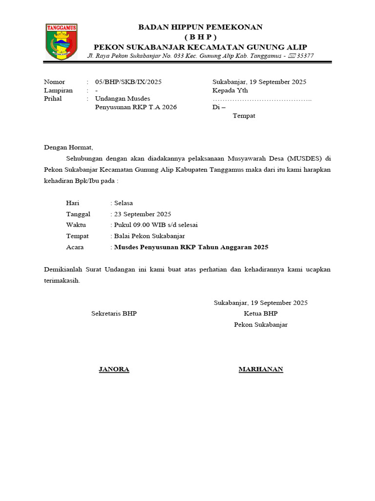 Surat Undangan Musdes Penyusunan RKP Tahun Anggaran 2025 - BHP | PDF