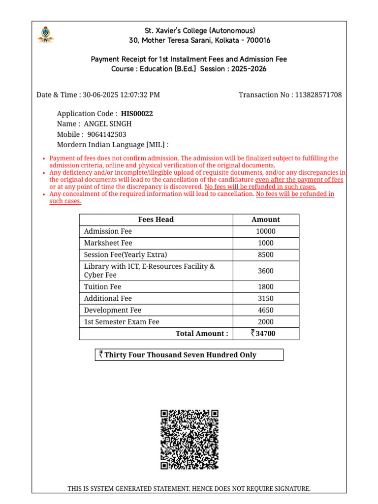 B.Ed. Admission Fee Receipt 2025-2026 | PDF