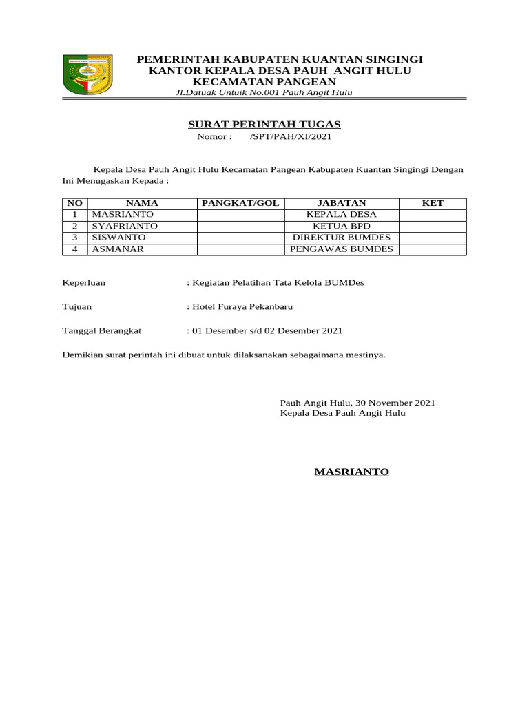 Surat Tugas Pelatihan BUMDes 2021 | PDF