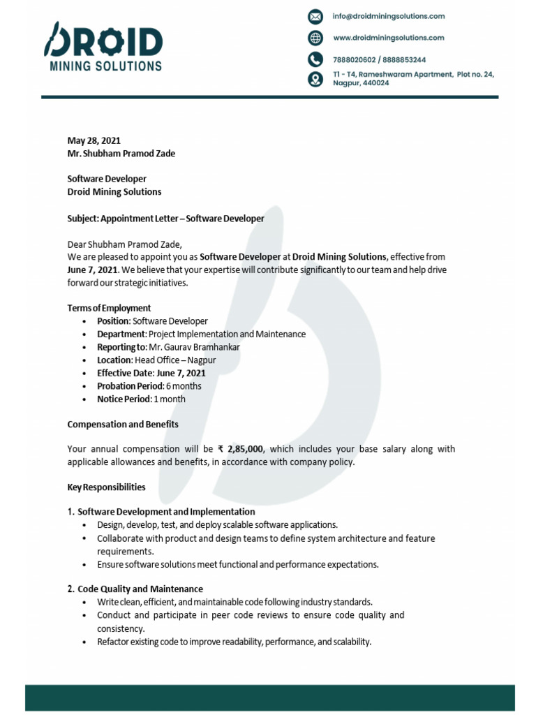Offer Letter Droid Mining Solutions | PDF | Software Development | Software