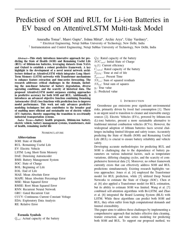 Prediction of SOH and RUL for Li-Ion Batteries in EV Based on ...
