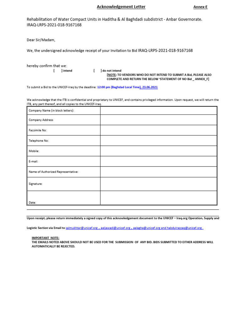 Annex E Receipt Acknowledgement and Statement of No Bid | PDF