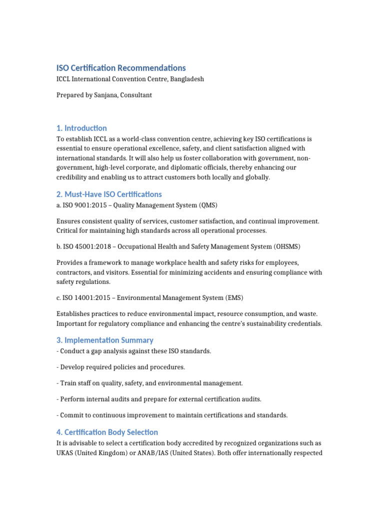 ICCL ISO Certification Recommendations | PDF
