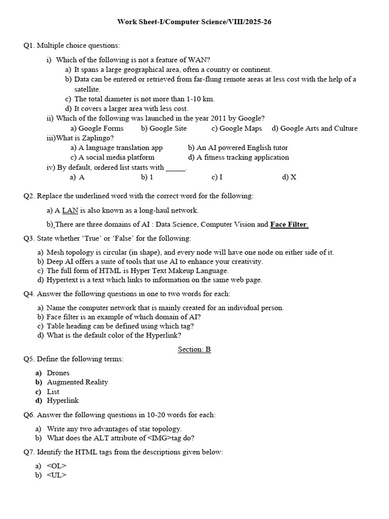 Computer Science Worksheet for Class VIII | PDF | Html | Html Element