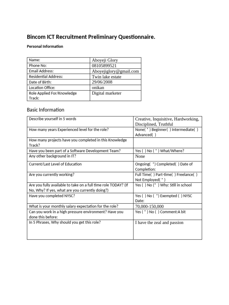 Bincom ICT Recruitment Preliminary Questionnaire | PDF