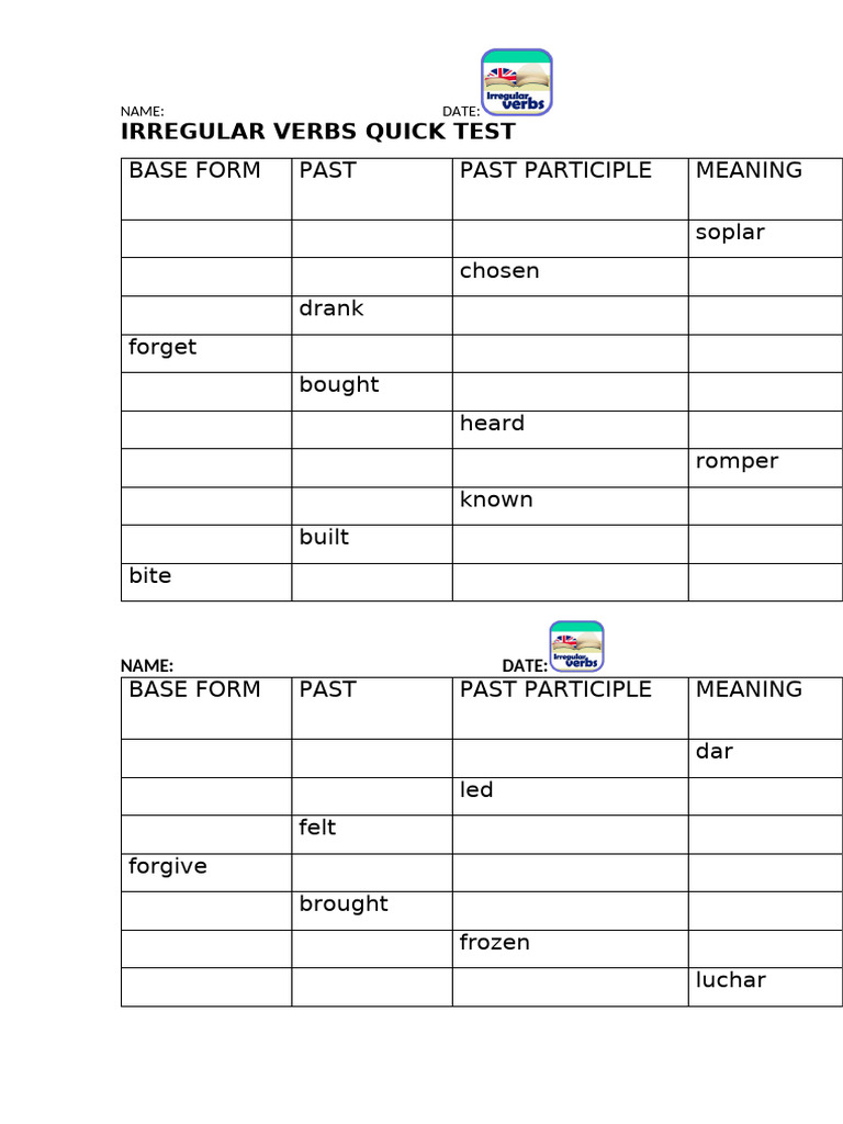 Irregular Verbs Quick Test Guide | PDF