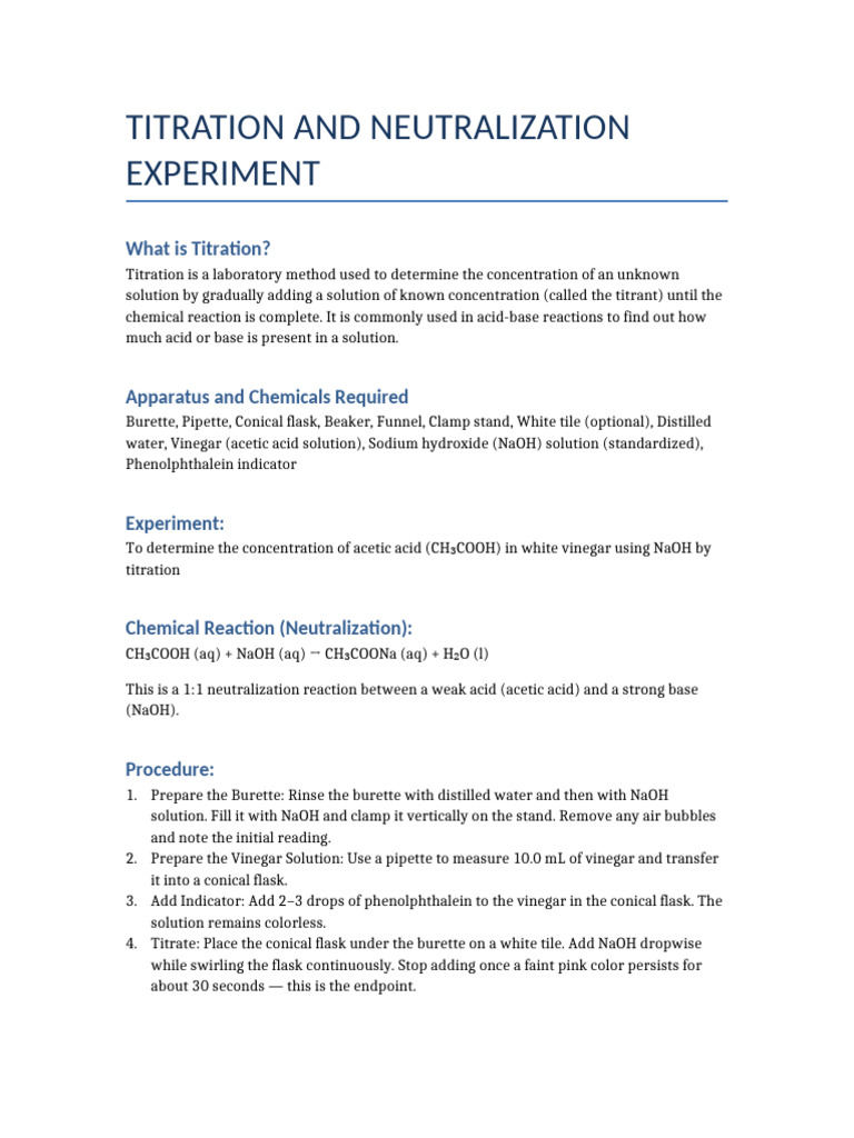 Acetic Acid Titration Experiment Guide | PDF | Titration | Chemistry
