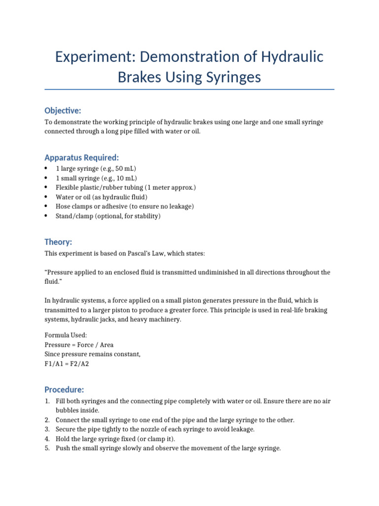 Hydraulic Brakes Experiment | PDF | Hydraulics | Syringe