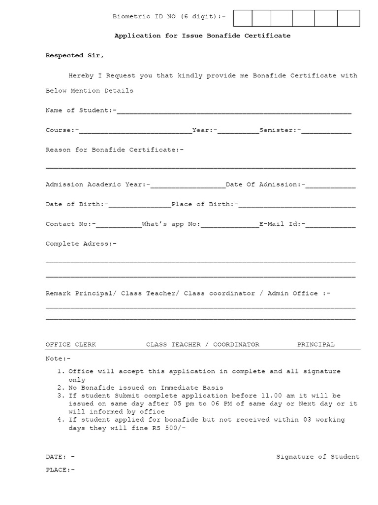 Bonafide Certificate Application Form | PDF
