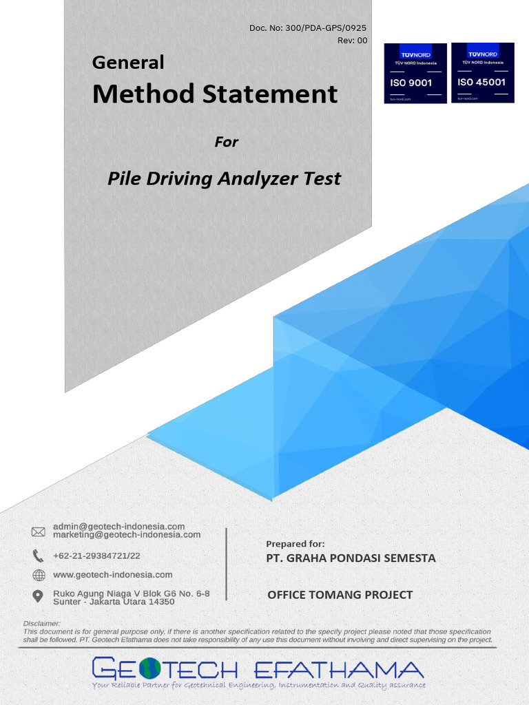 Metode Kerja Umum PDA Test - Proyek Office Tomang | PDF
