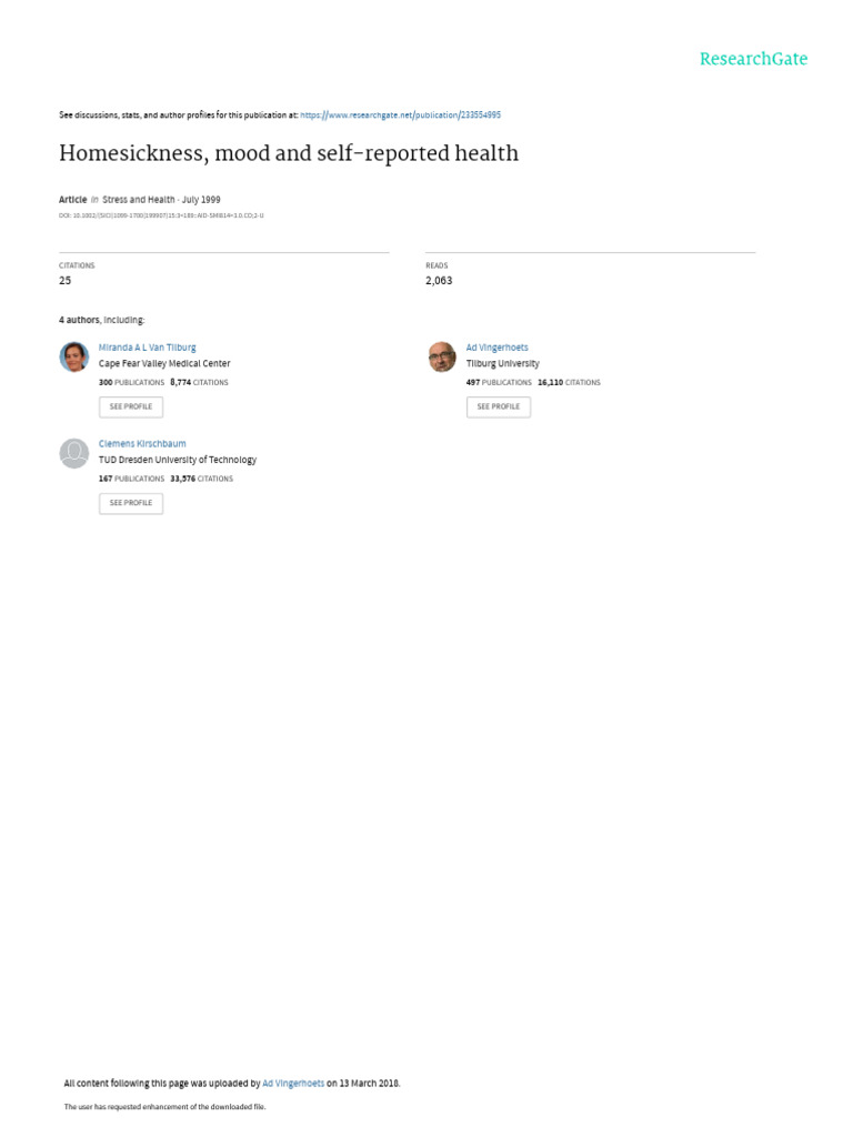 Homesickness Mood and Self-Reported Health | PDF | Anxiety | Stress ...