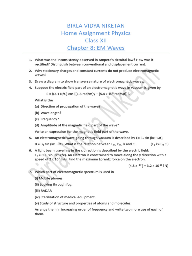 Ch8 Physics Home Assignment em Waves | PDF