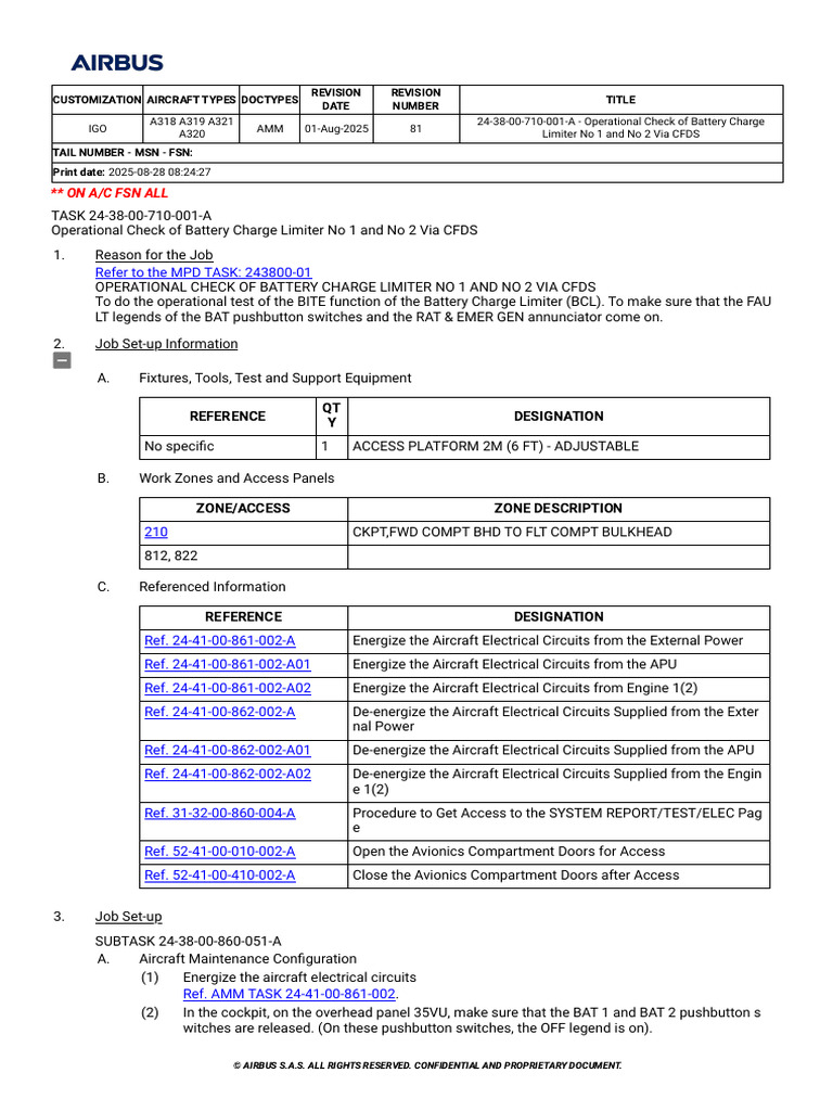 Operational Check of Battery Charge Limiter No 1 and No 2 Via CFDS ...