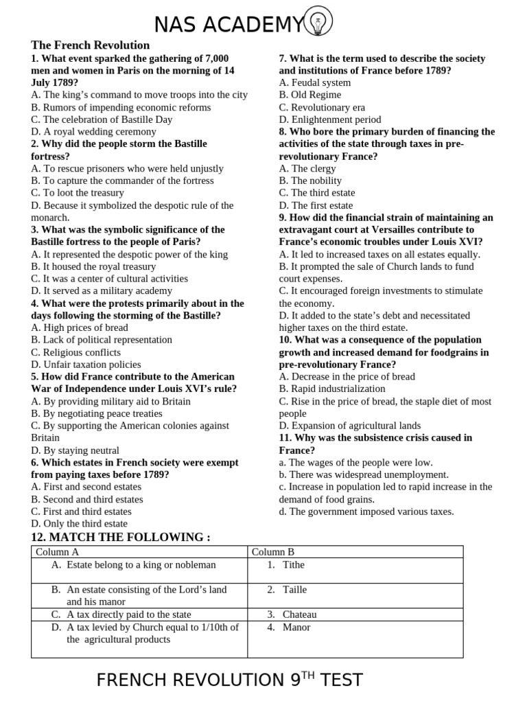 The French Revolution Test April 2025 Student | PDF | French Revolution ...