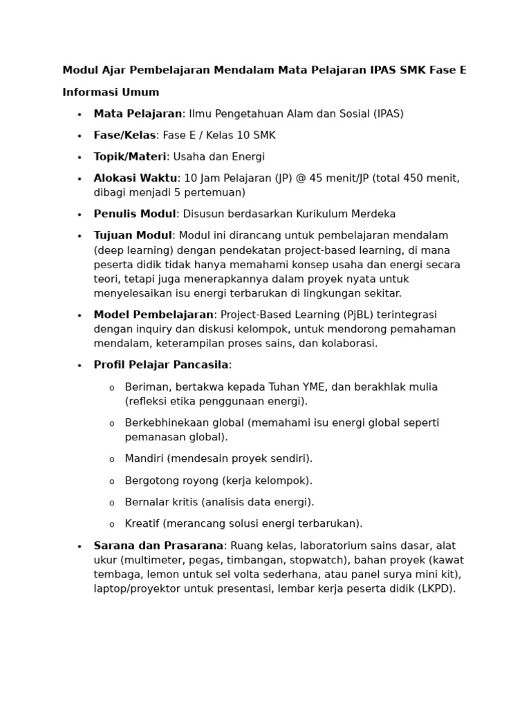 Modul Ajar IPAS: Usaha dan Energi SMK | PDF
