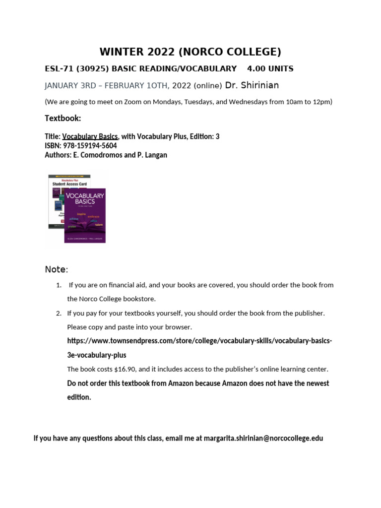 Winter 2022 Class (ESL 71) | PDF