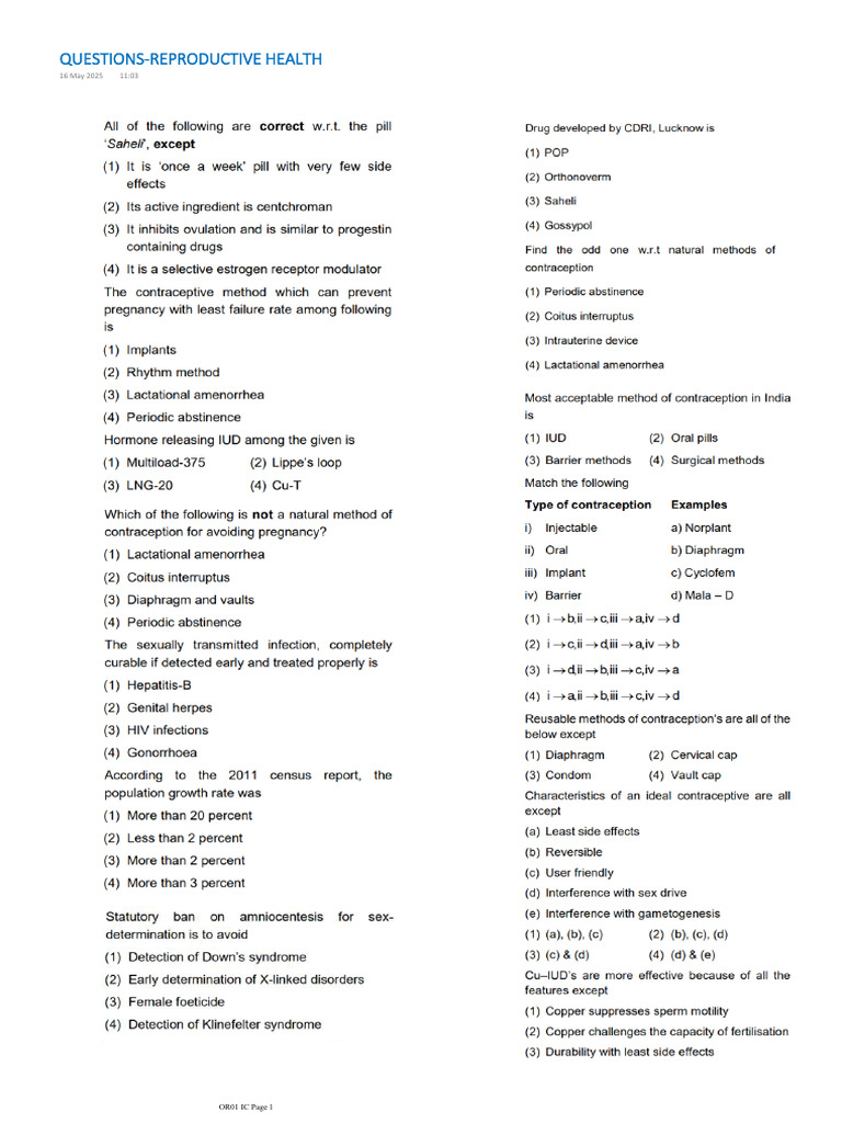Questions Reproductive Health | PDF
