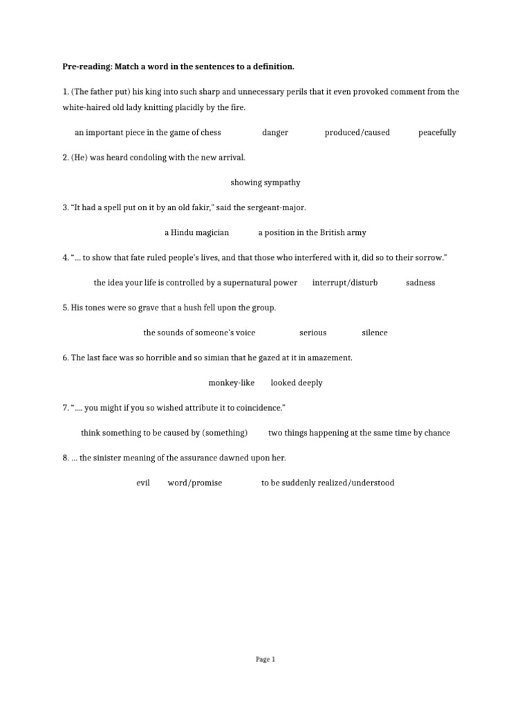 Monkeys Paw Worksheet Esl | PDF
