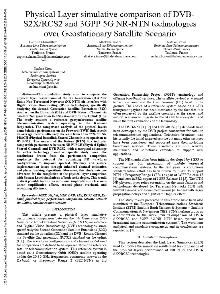 Physical Layer Simulative Comparison of DVB-S2X RCS2 and 3GPP 5G NR-NTN Technologies Over ...