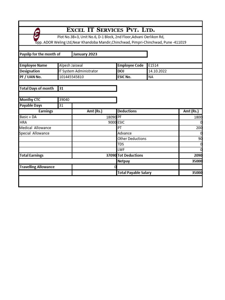 January 2023 Payslip for Alpesh Jaiswal | PDF