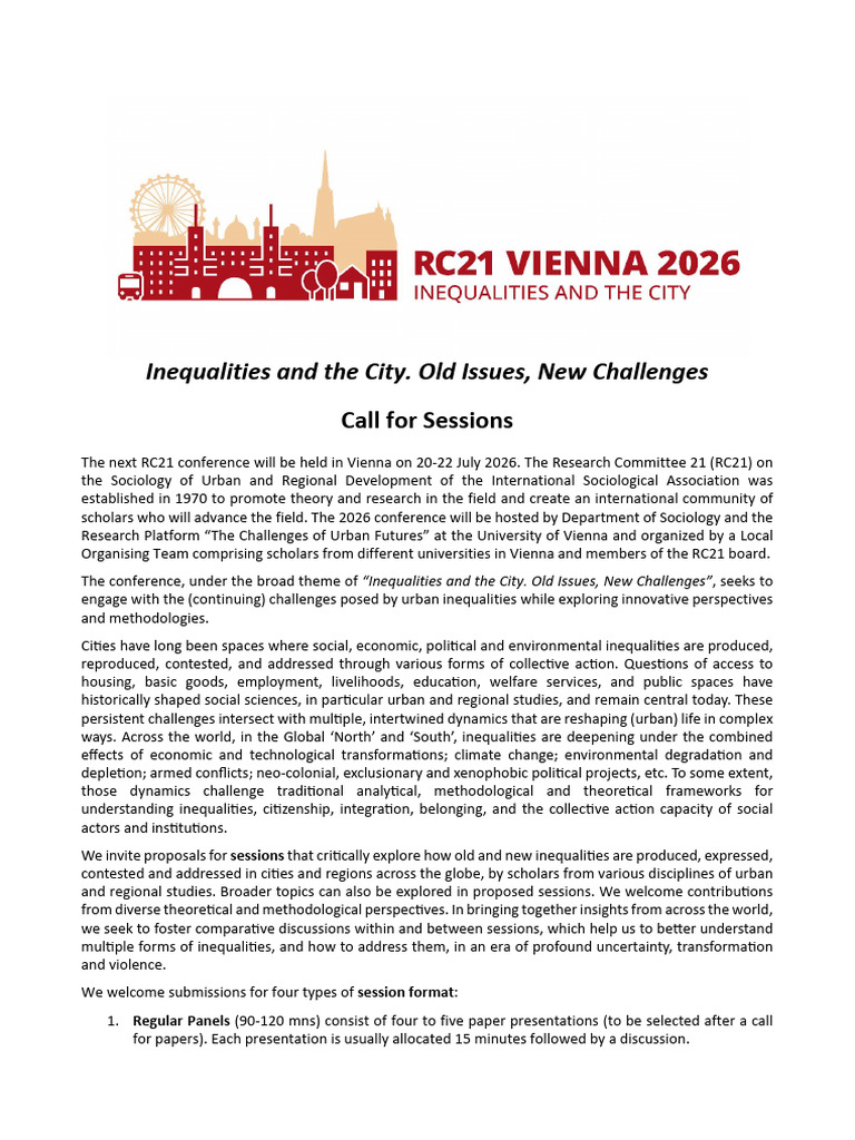 RC21 Conference 2026: Call for Sessions | PDF | Sociology | Economic ...