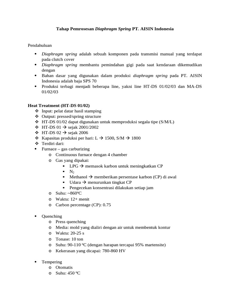 Tahap Pemrosesan Diaphragm Spring PT AISIN Indonesia | PDF