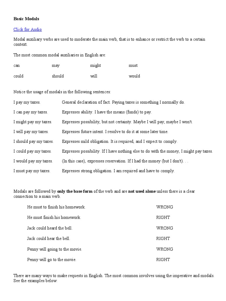 Click For Audio: Basic Modals | PDF | Morphology | Syntax