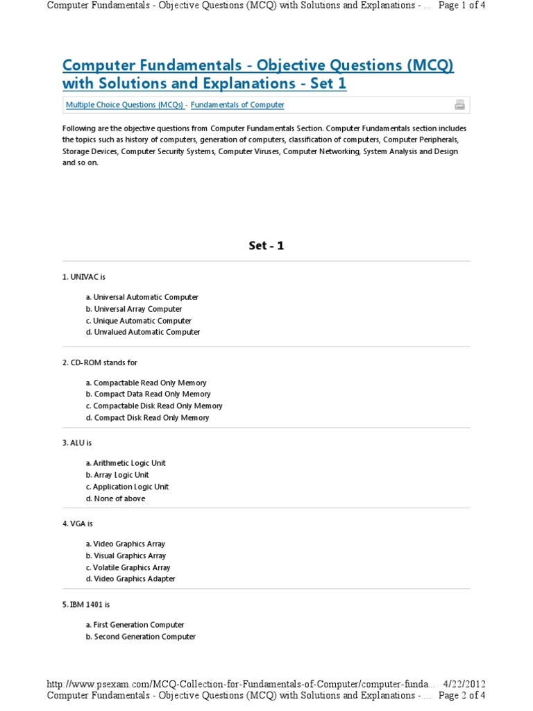 Computer Fundamentals - Objective Questions (MCQ) With Solutions and ...
