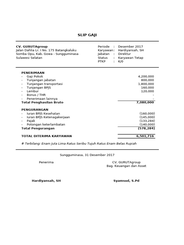 Slip Gaji Karyawan CV. GURUTAgroup & YP-GURUTA | PDF