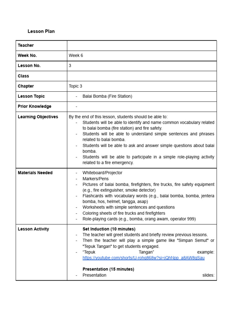 Lesson Plan - Balai Bomba (Week 6) | PDF | Cognition | Cognitive Science