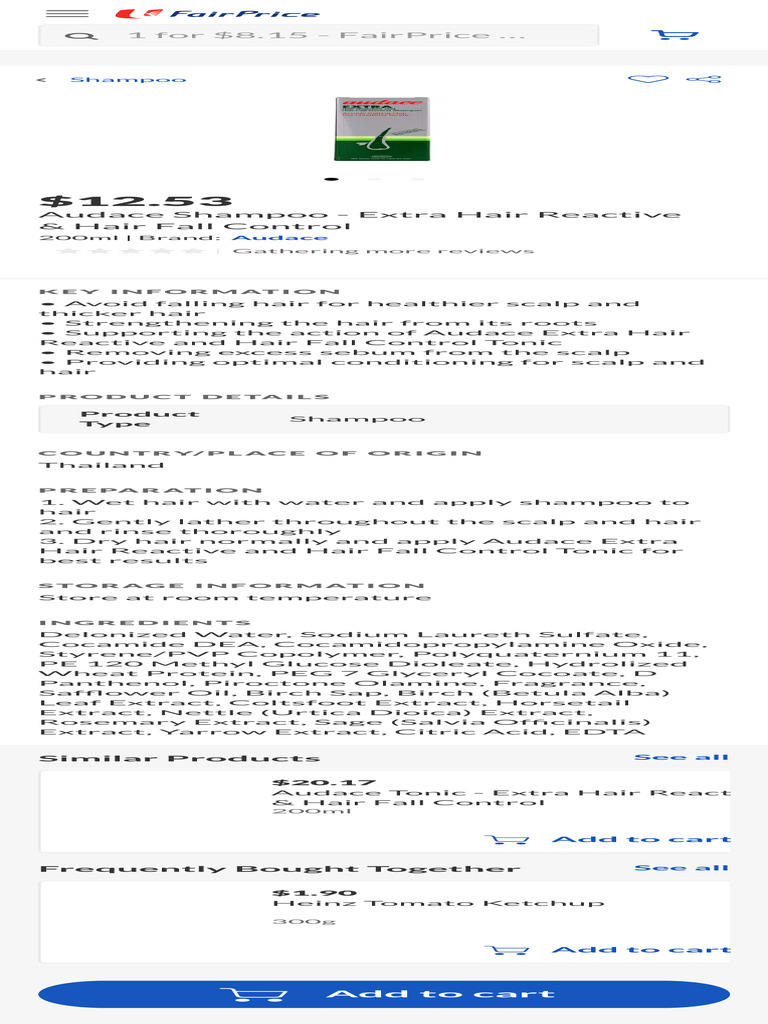 Audace Shampoo - Extra Hair Reactive & Hair Fall Control NTUC FairPrice ...