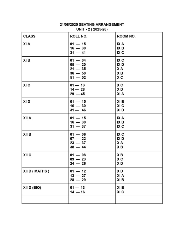 21-08-2025 (Xi & Xii) Seating Arrangement | PDF